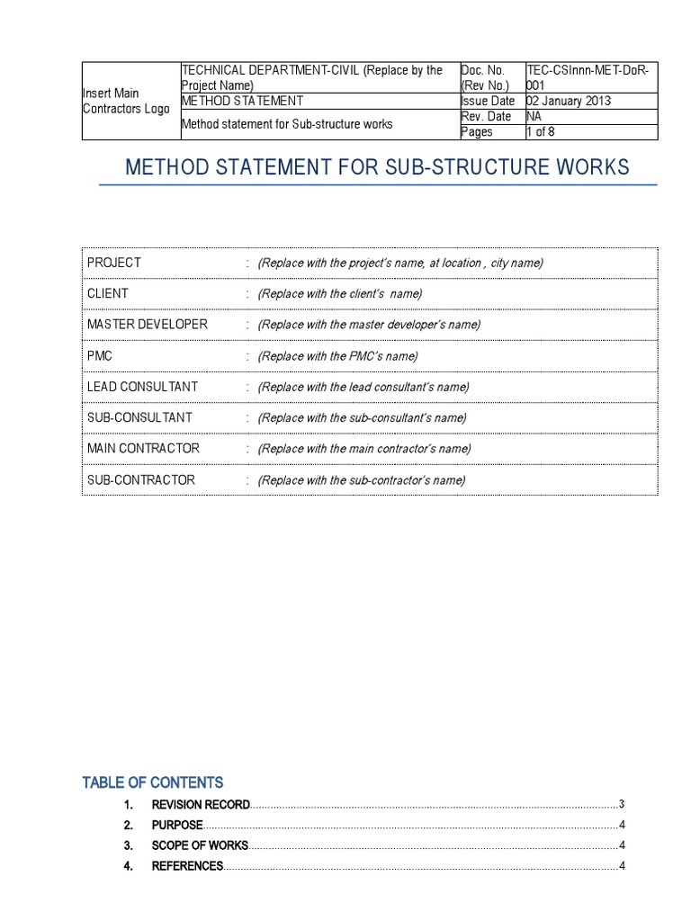 Method Statement for Sub-Structure Works | PDF | Deep Foundation | Concrete