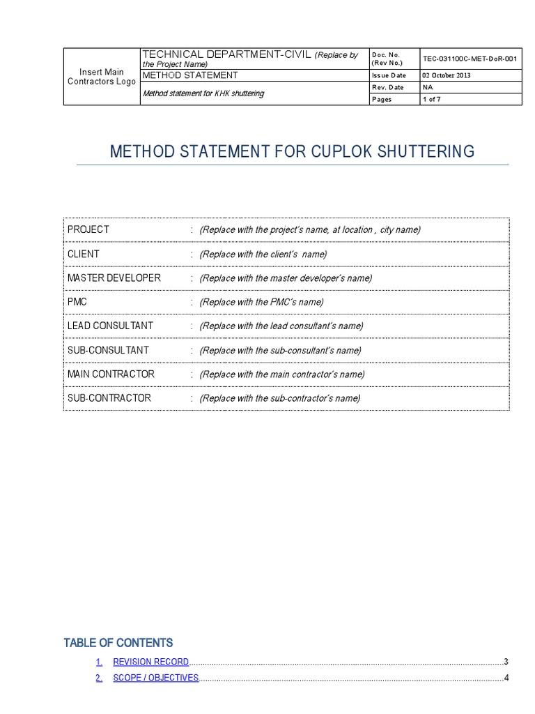Method Statement For Cuplock Shuttering Work | PDF | Quality Assurance | Economic Sectors