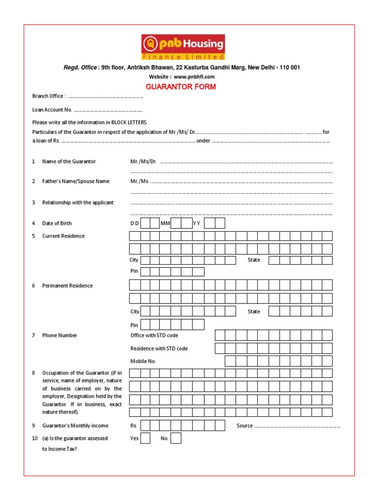 Guarantor Form: Regd. Office: 9th Floor, Antriksh Bhawan, 22 Kasturba ...