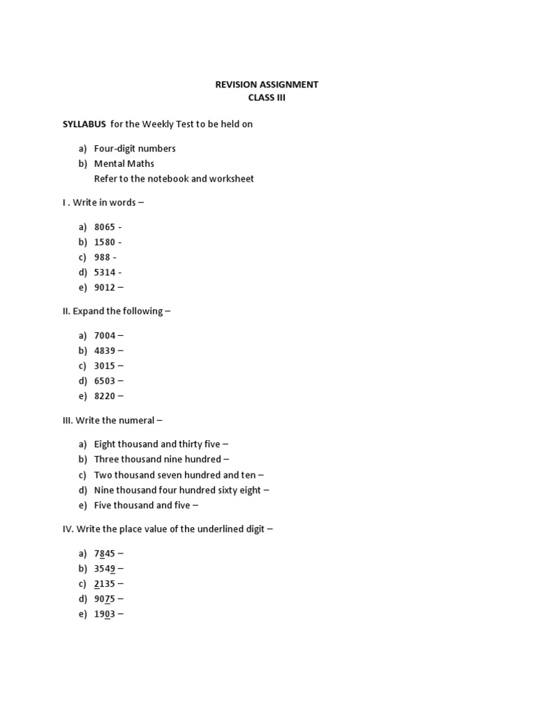Class 3 Maths Revision Assignment | PDF | Mathematical Notation ...