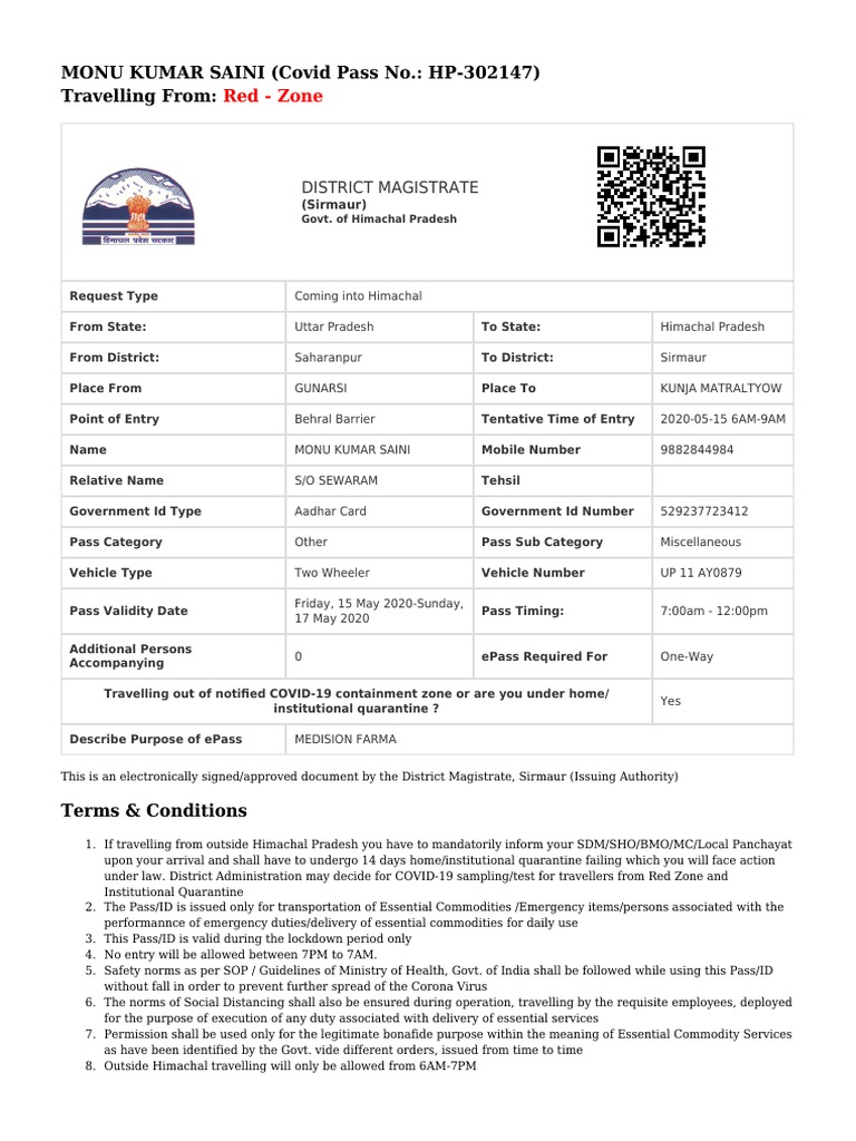 Red - Zone: MONU KUMAR SAINI (Covid Pass No.: HP-302147) Travelling From | PDF | Government ...