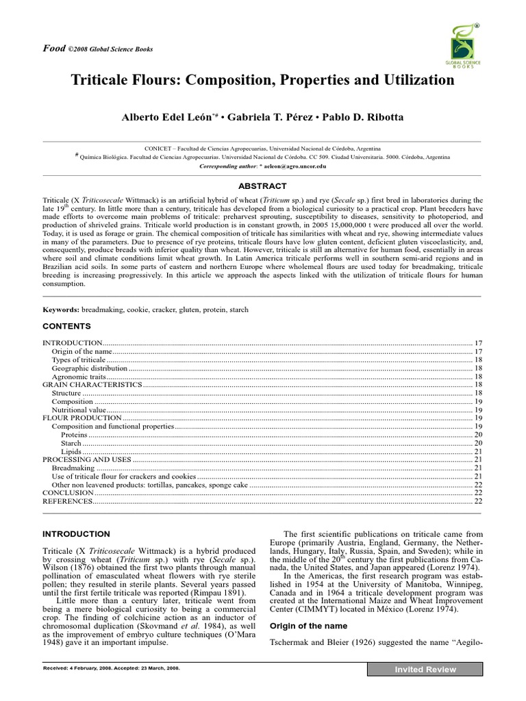 Triticale Flours: Composition, Properties and Utilization: Alberto Edel ...