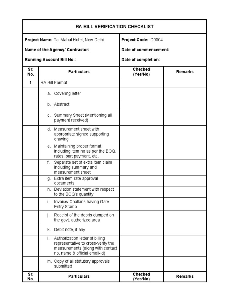 TMH - Checklist RA Bill Verification, R1 | PDF | Financial Services ...