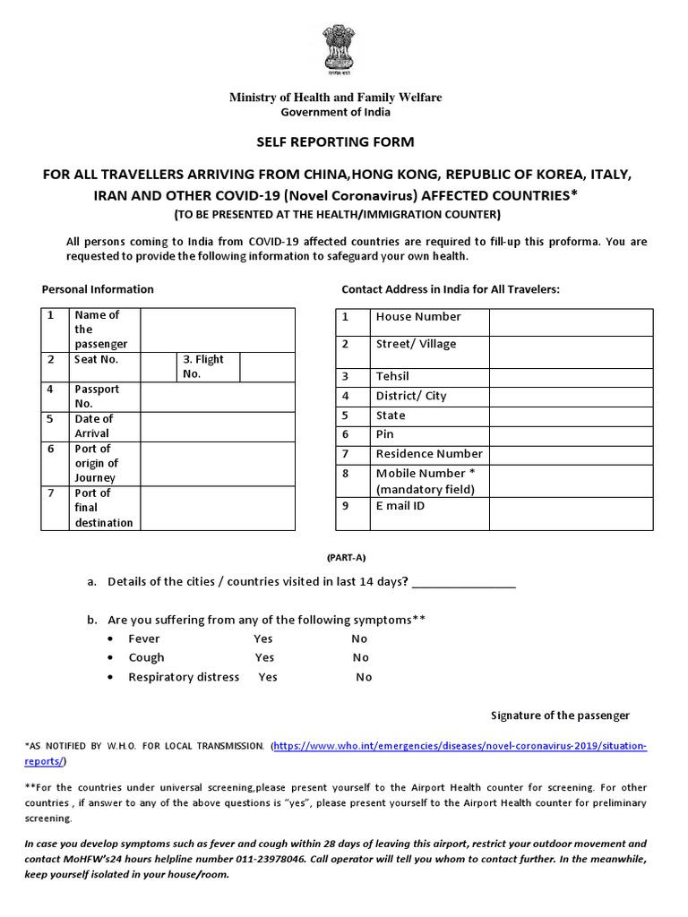 Form SELF REPORTING FORM FOR TRAVELLERS Revised 26feb 2020 | PDF ...