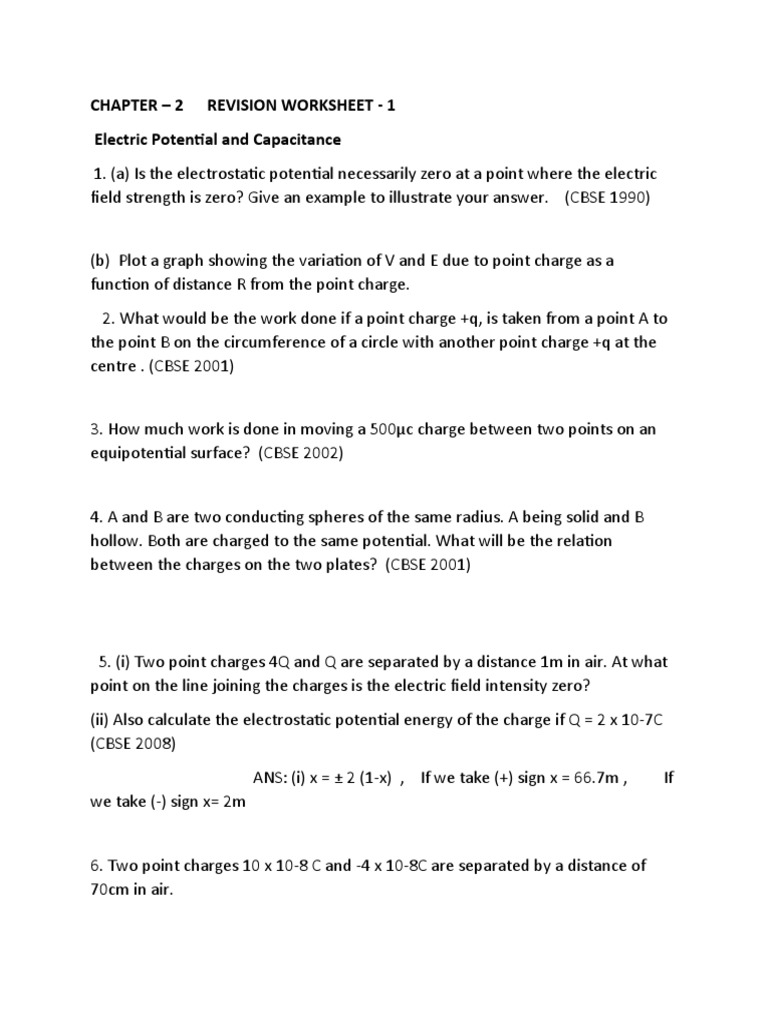 Worksheet Potential | PDF | Electrostatics | Capacitance