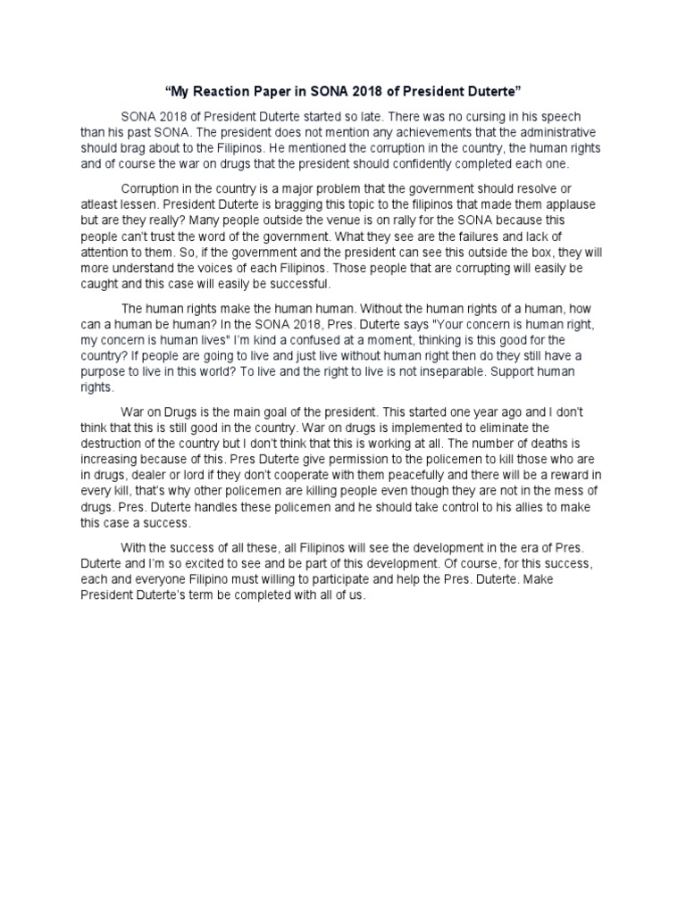 My Reaction Paper in SONA 2018 of President Duterte | PDF | Rodrigo ...