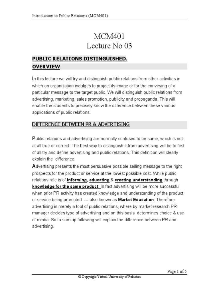 MCM401 Lecture No 03: Public Relations Distinguished. I | PDF ...