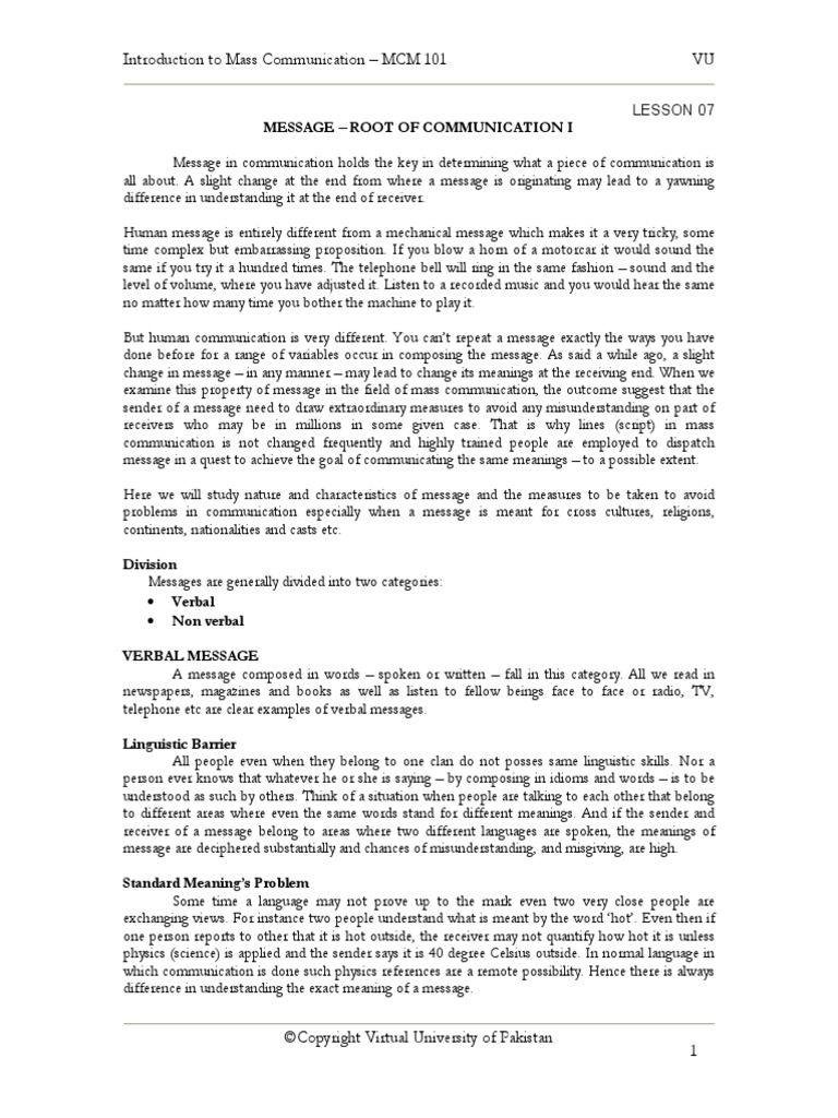 Introduction To Mass Communication - MCM 101 VU: Message - Root of Communication I | PDF ...
