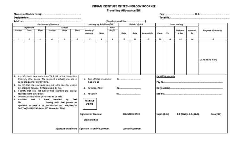 Travelling Allowance Form | PDF | Transport | Payments