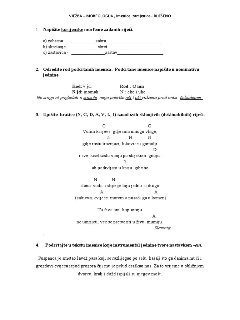 Vježba Imenice I Zamjenice | PDF