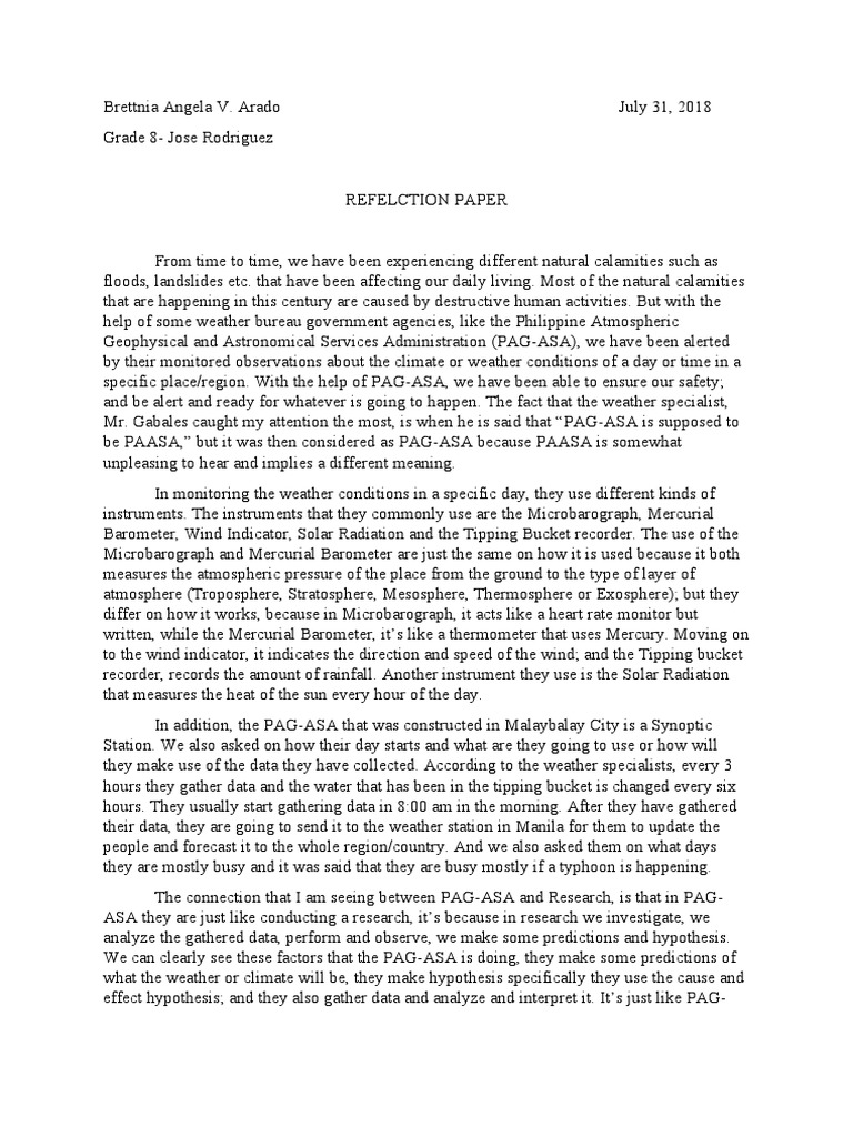 Pag-Asa Reflection Paper | PDF | Weather | Atmosphere