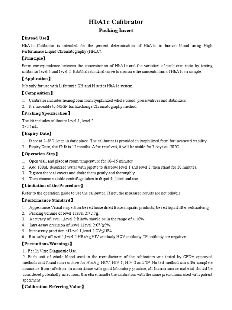 Hba1C Calibrator: Packing Insert | PDF | Glycated Hemoglobin | Hiv