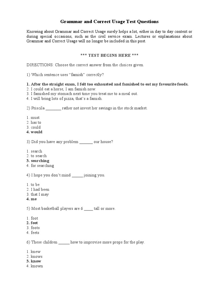 Grammar Test for Civil Service Exam | PDF | Reading Comprehension ...