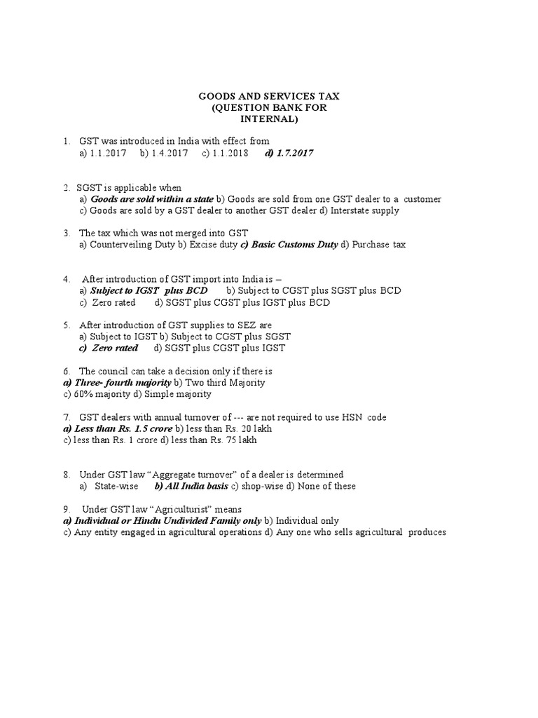 MCQ - GST Answer Key | PDF | Invoice | Value Added Tax