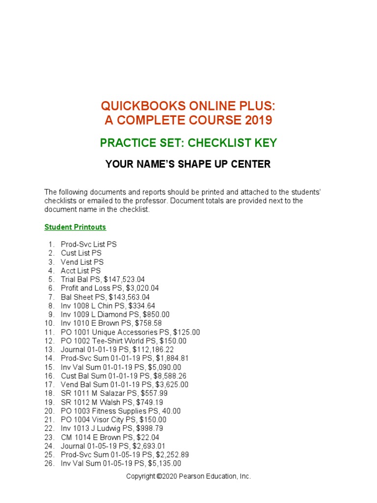 QBO 2019 Practice Set Checklist Key | PDF | Money | Financial Services