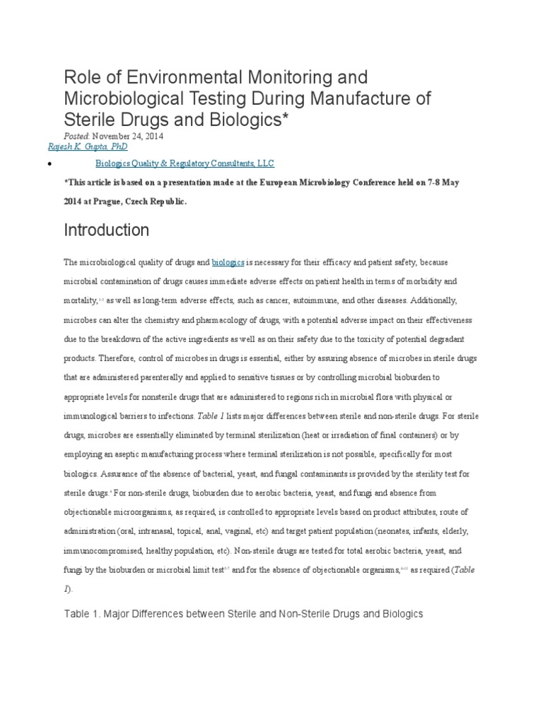 Role of Environmental Monitoring and Microbiological Testing During ...