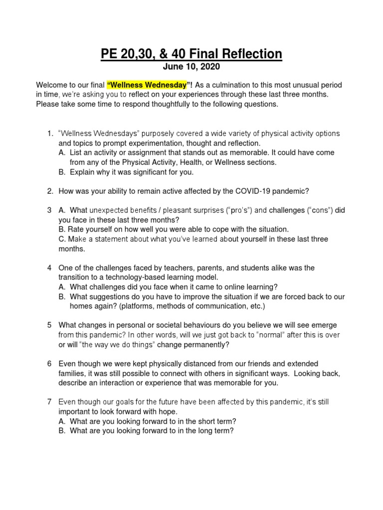 Final Reflection on Wellness Wednesdays | PDF | Physical Education ...