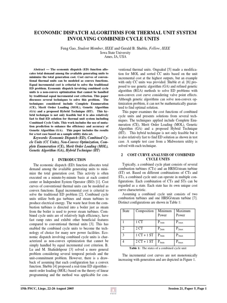 Economic Dispatch Algorithms For Thermal Unit System Involving Combined Cycle Units | PDF ...