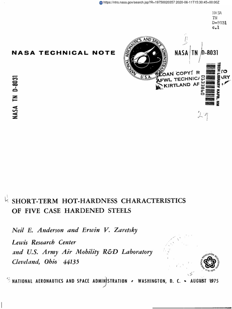 Nasa Technical Note: Short-Term Hot-Hardness Characteristics of Five ...