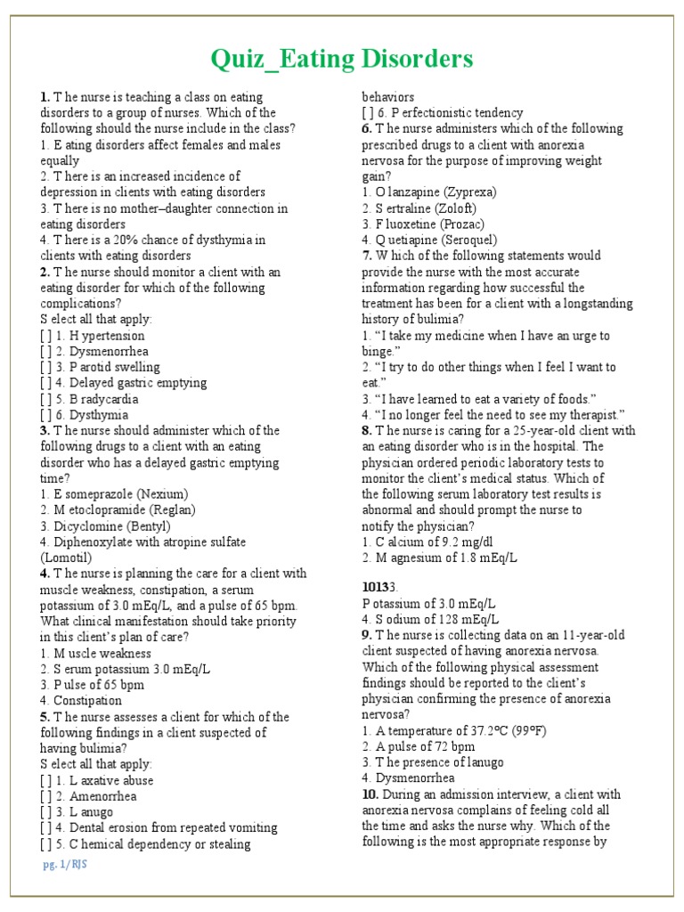 Quiz - Eating Disorders: Pg. 1/RJS | PDF | Eating Disorder | Anorexia ...