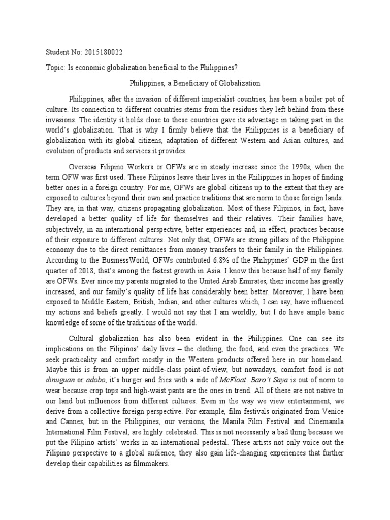 Argumentative Essay | PDF | Philippines | Globalization