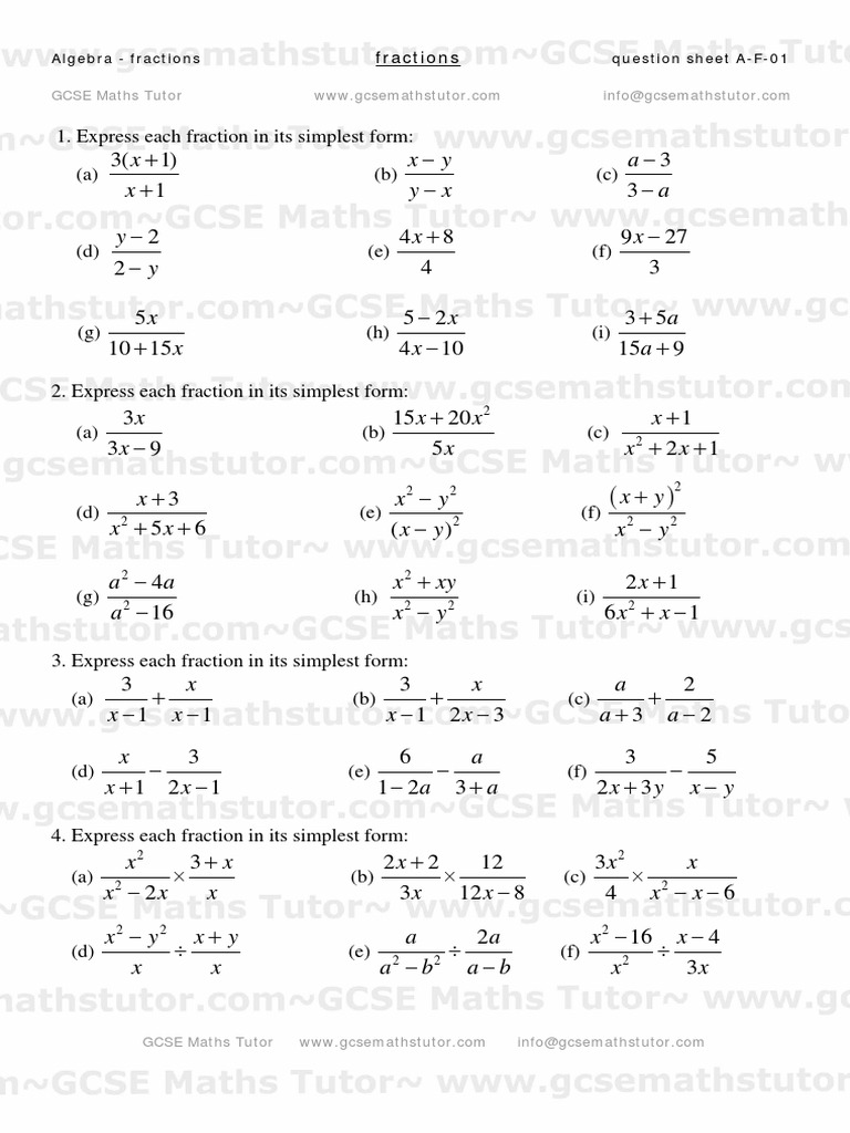 Solutions to Fractional Expressions in Simplest Form Worksheet Covering ...