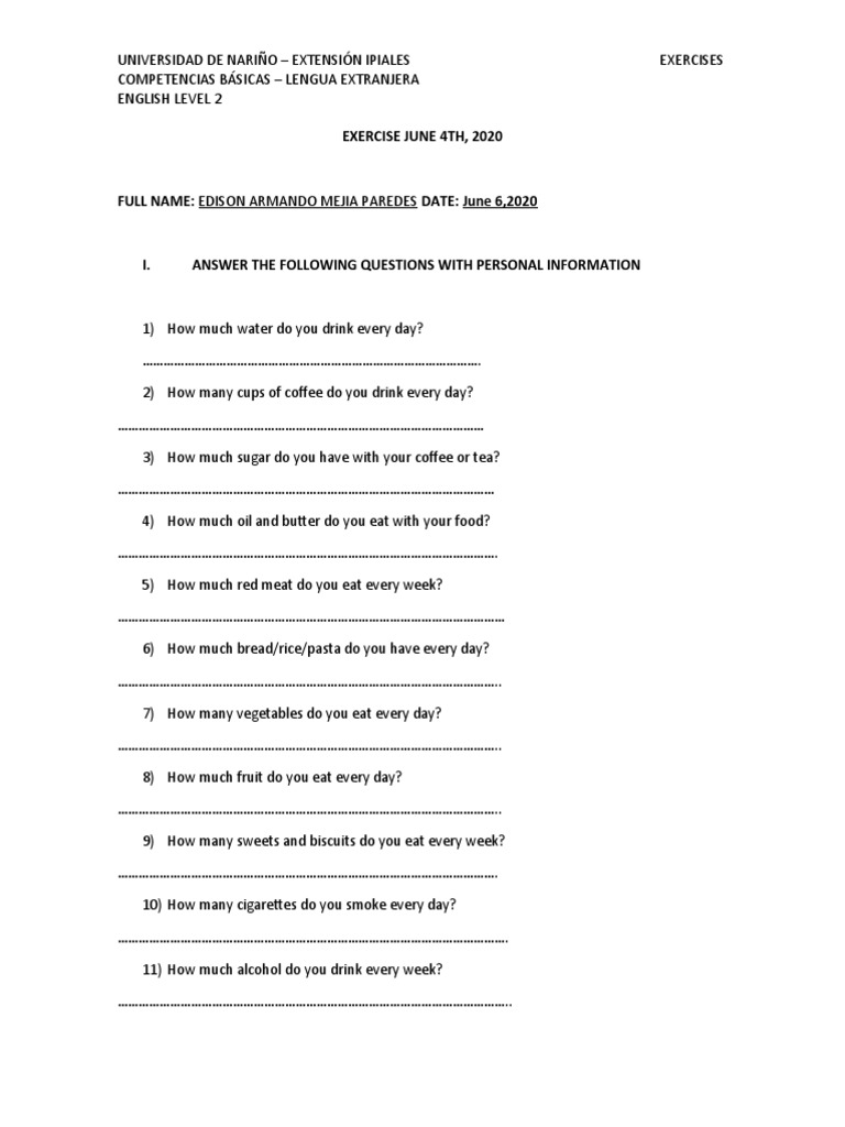 Exercises English Level 2 QUESTIONS | PDF | Food And Drink Preparation ...