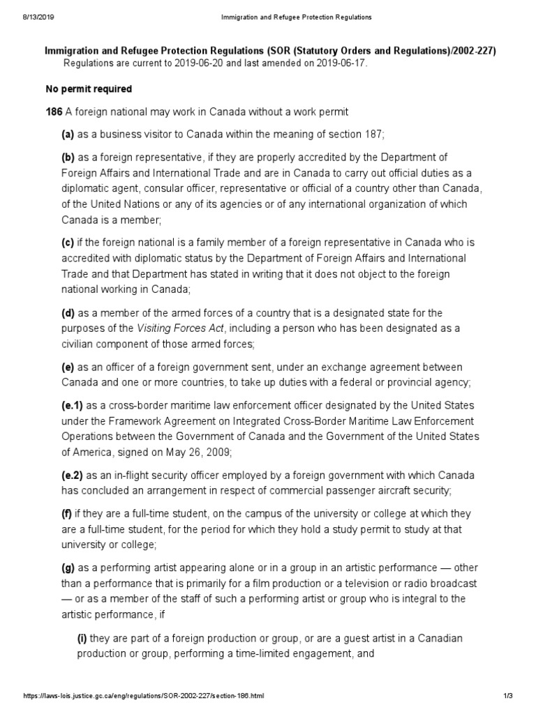 Immigration and Refugee Protection Regulations R186 (W) PDF | PDF ...