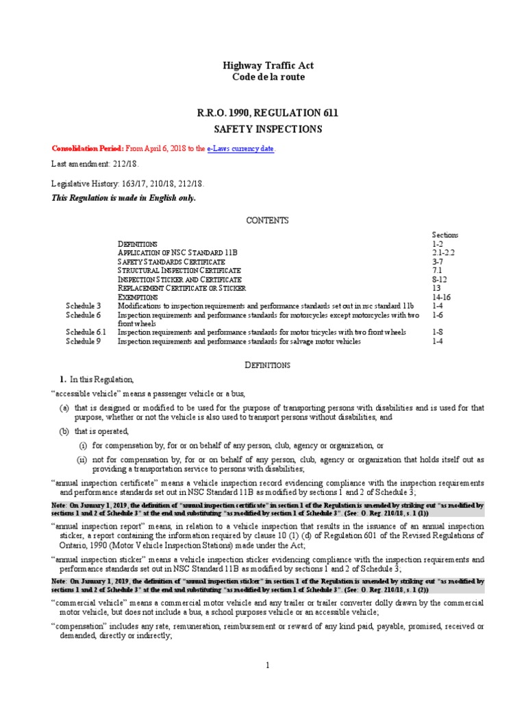 Highway Traffic Act Code de La Route: R.R.O. 1990, REGULATION 611 ...
