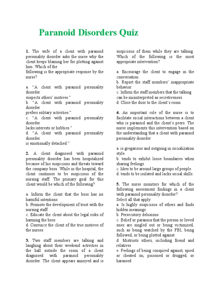 Paranoid Disorders Quiz | PDF | Paranoia | Delusion