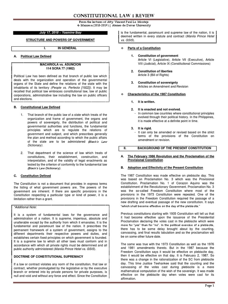 Constitutional Law 1 Review TSN 2019 PDF | PDF | Standing (Law) | Mootness