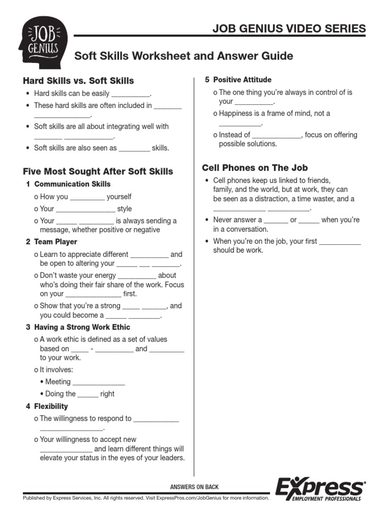 Job Genius Video Series Soft Skills Worksheet and Answer Guide | PDF ...