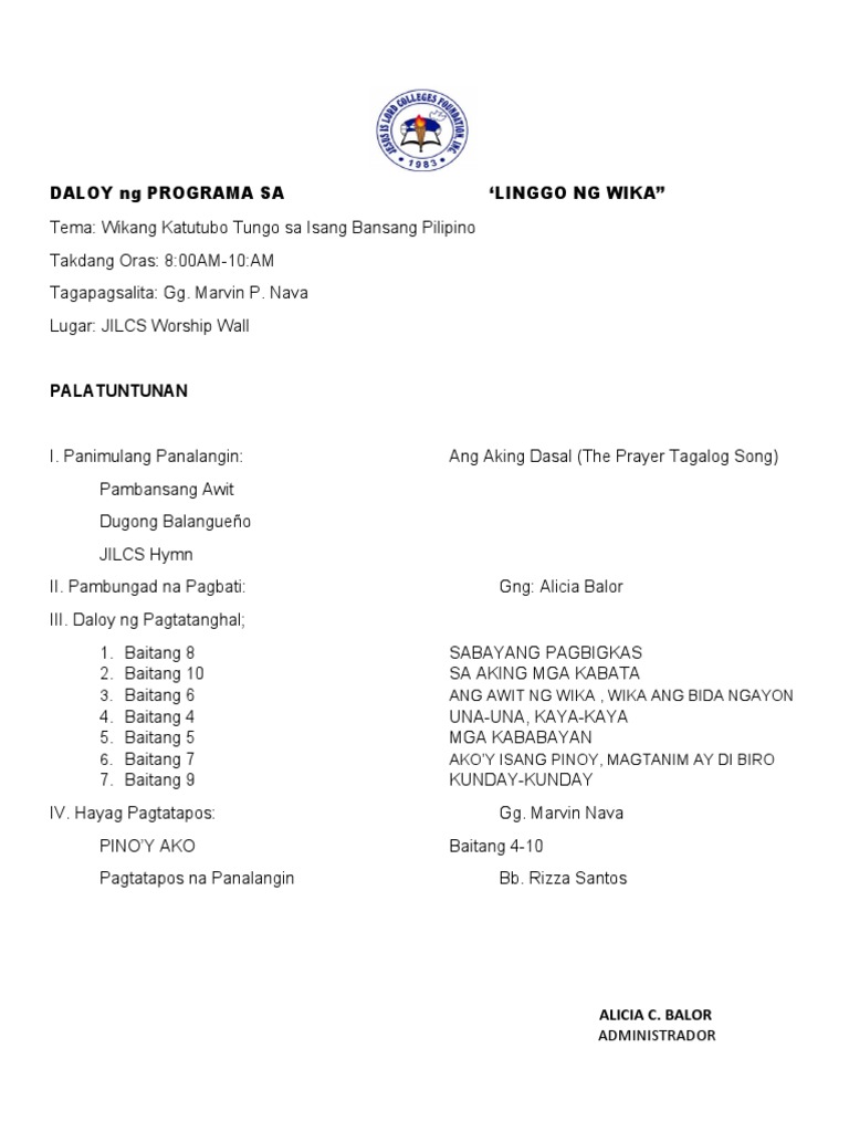 DALOY NG PROGRAMA SA Linggo NG Wika | PDF