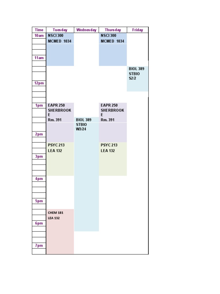 Weekly Class Schedule Overview | PDF