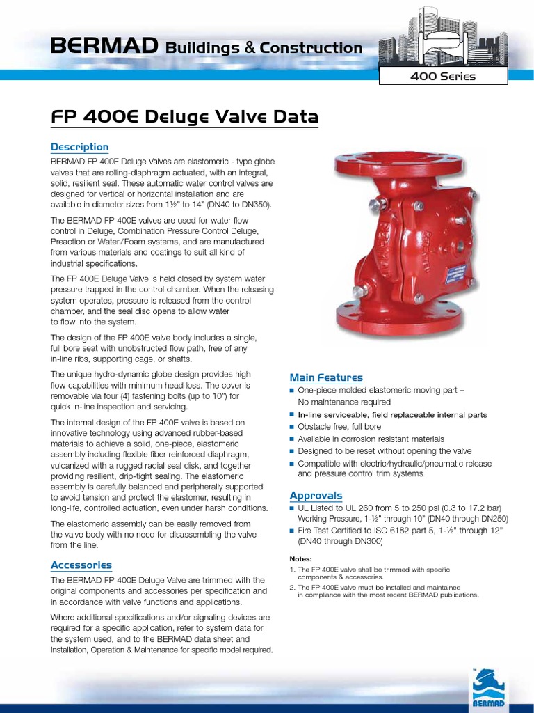 Bermad: FP 400E Deluge Valve Data | PDF | Valve | Pipe (Fluid Conveyance)
