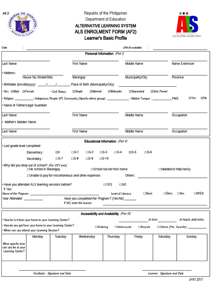 Annex B ALS Enrolment Form | PDF | Behavior Modification | Learning