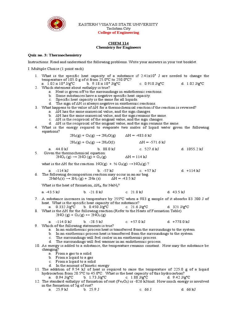 Chem 114 - Quiz 3 | PDF | Heat Capacity | Heat