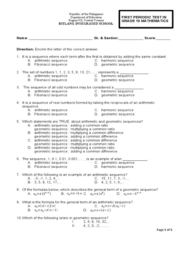 UNIFIED MATH 10 FIRST PERIODIC TEST With Answer Key | PDF | Sequence ...