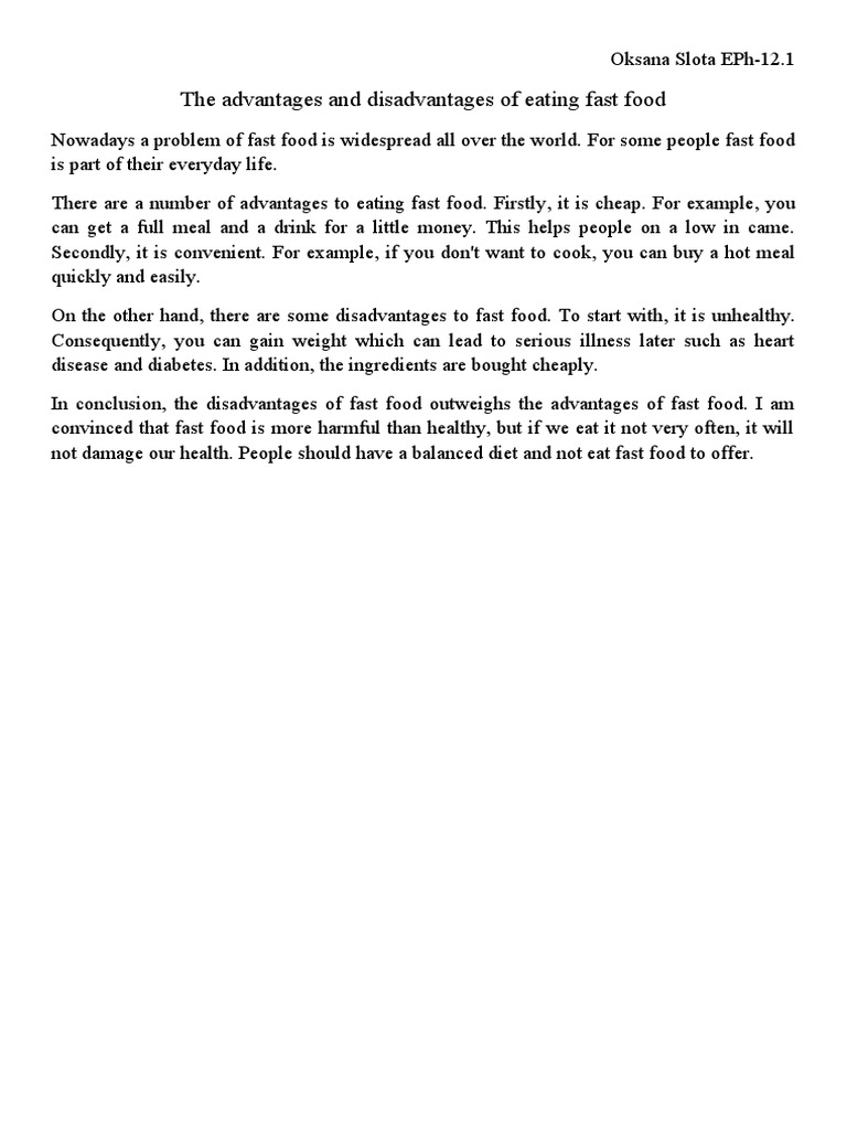 The Pros and Cons of Eating Fast Food | PDF