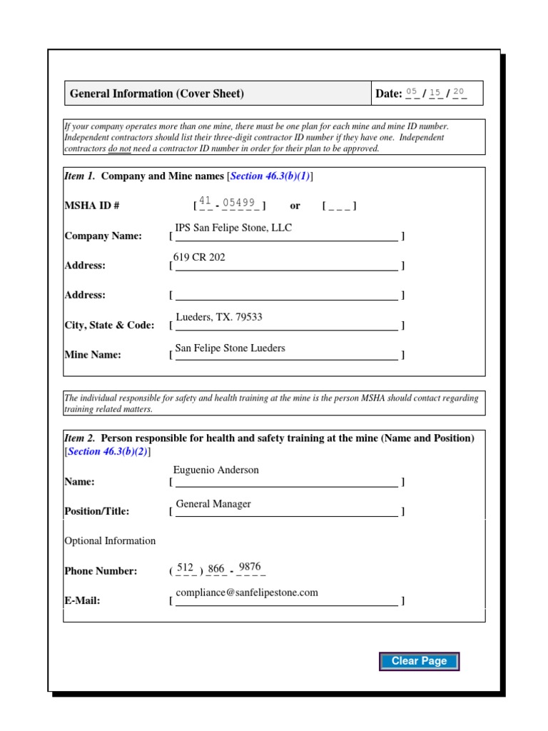 General Information (Cover Sheet) Date: - / - / - : Section 46.3 (B ...