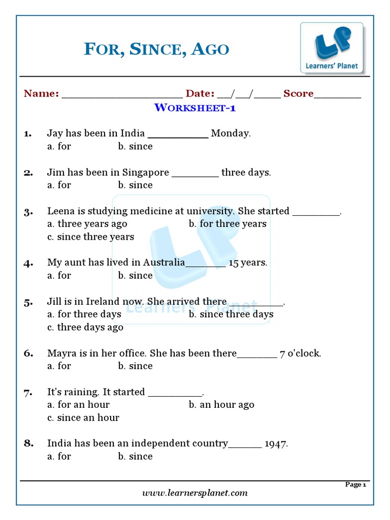 For, Since, Ago Worksheet | PDF