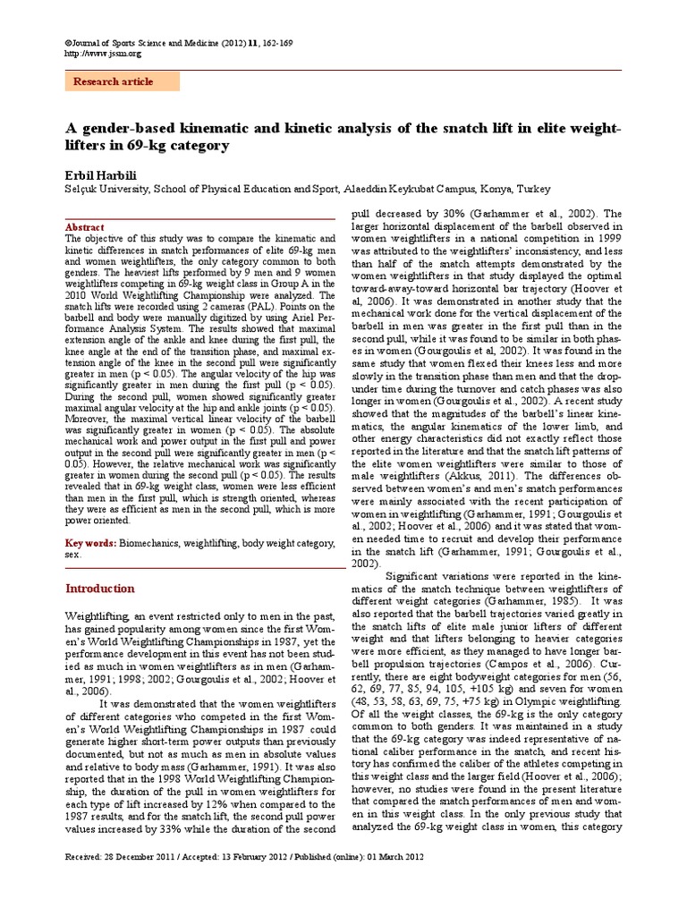 A Gender-Based Kinematic and Kinetic Analysis of The Snatch Lift in Elite Weightlifters | PDF ...