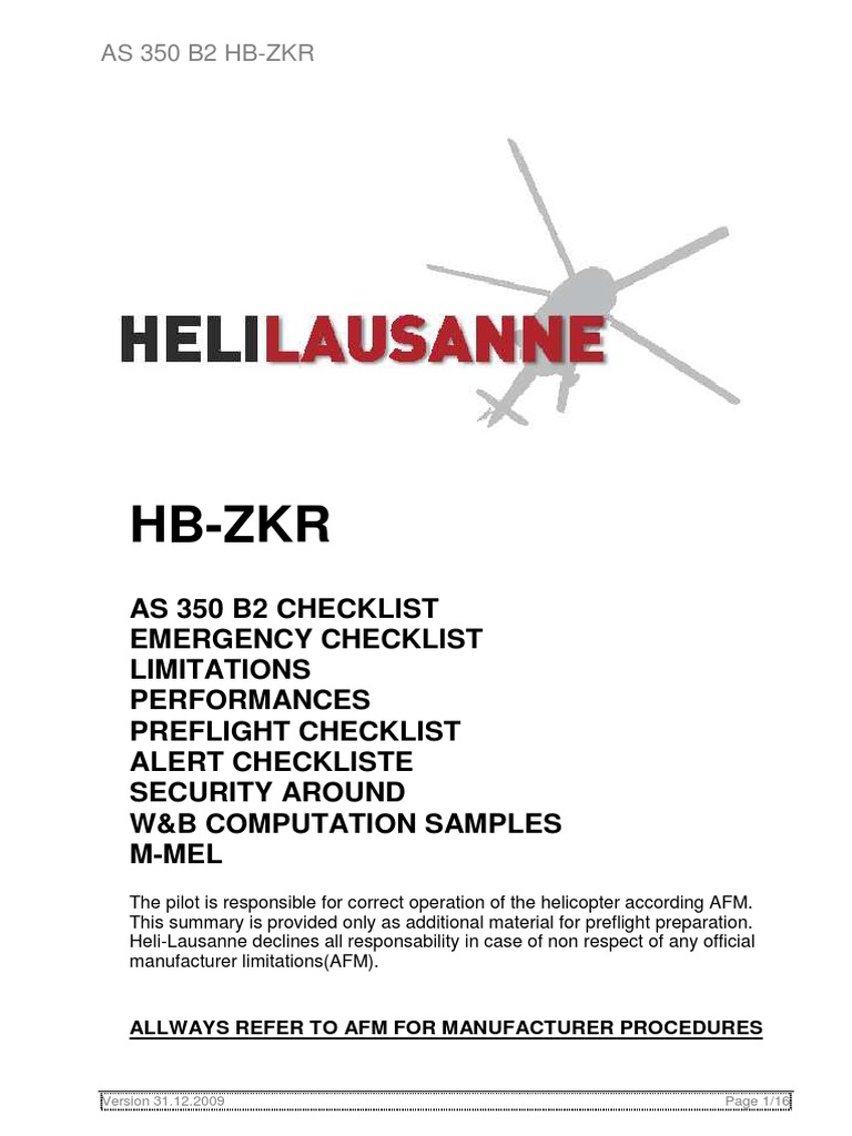 HB-ZKR AS 350 B2 CHECKLIST AND PROCEDURES | PDF | Switch | Aircraft
