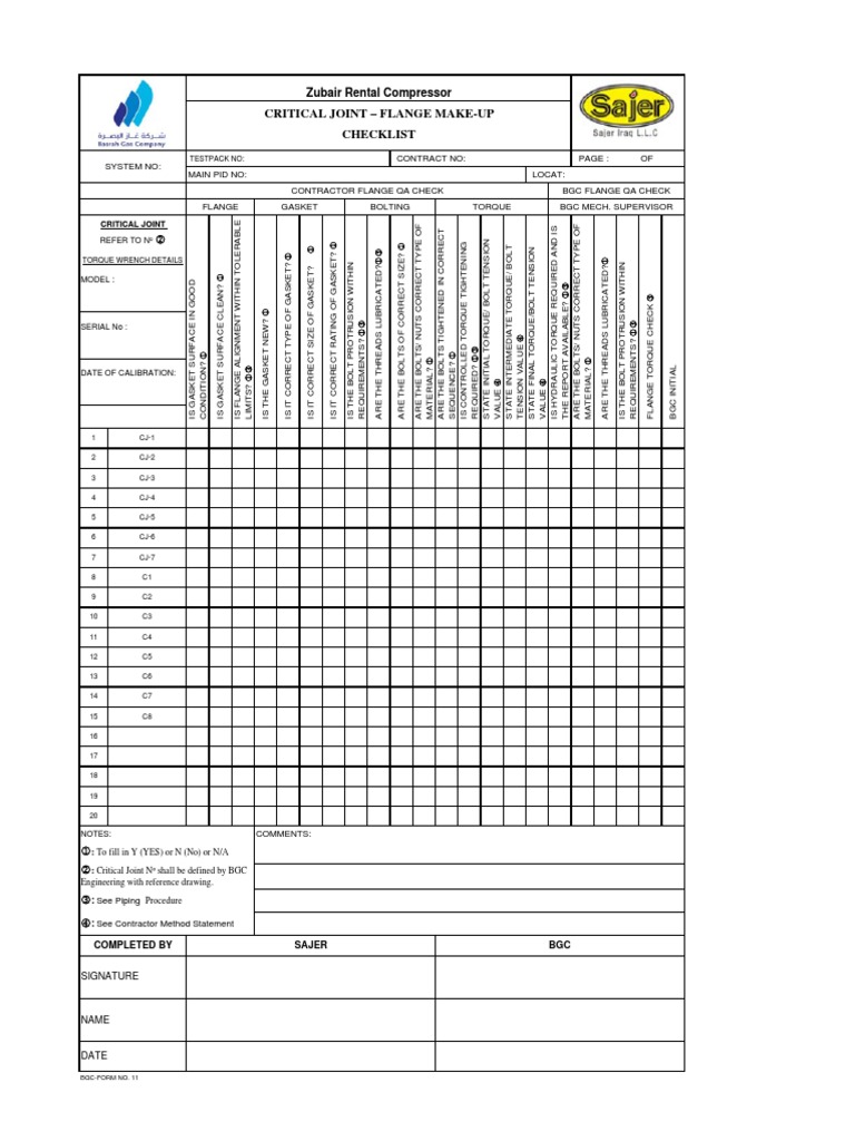 Critical Flange Make-Up Checklist (Empty) | PDF | Screw | Nut (Hardware)