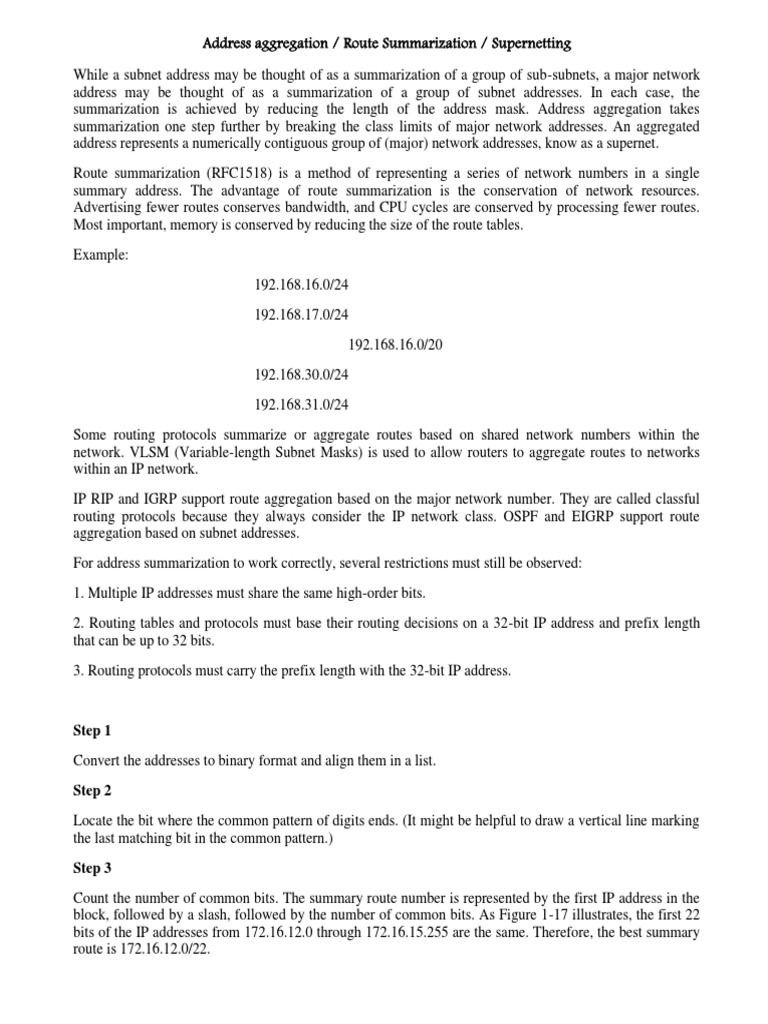Address Aggregation Route Summarization Supernetting Step 1 Pdf