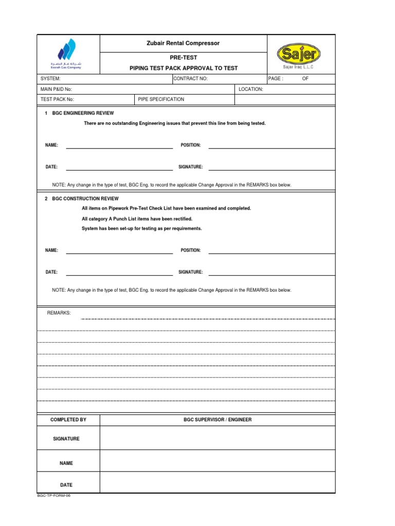 PIPING TEST PACK APPROVAL TO TEST (Empty) | PDF