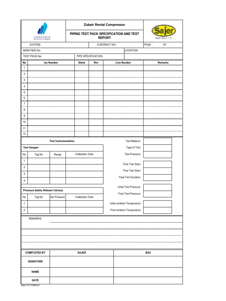 Pressure Test Report (Empty) | PDF