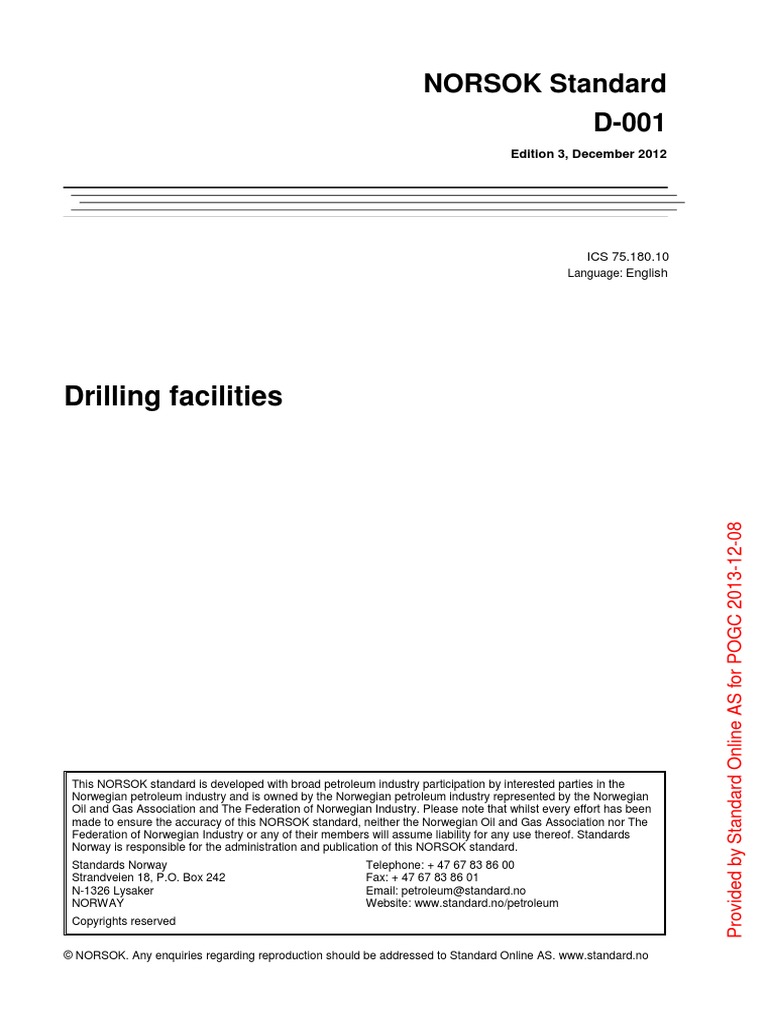 Drilling Facilities: NORSOK Standard D-001 | PDF | Risk | Safety