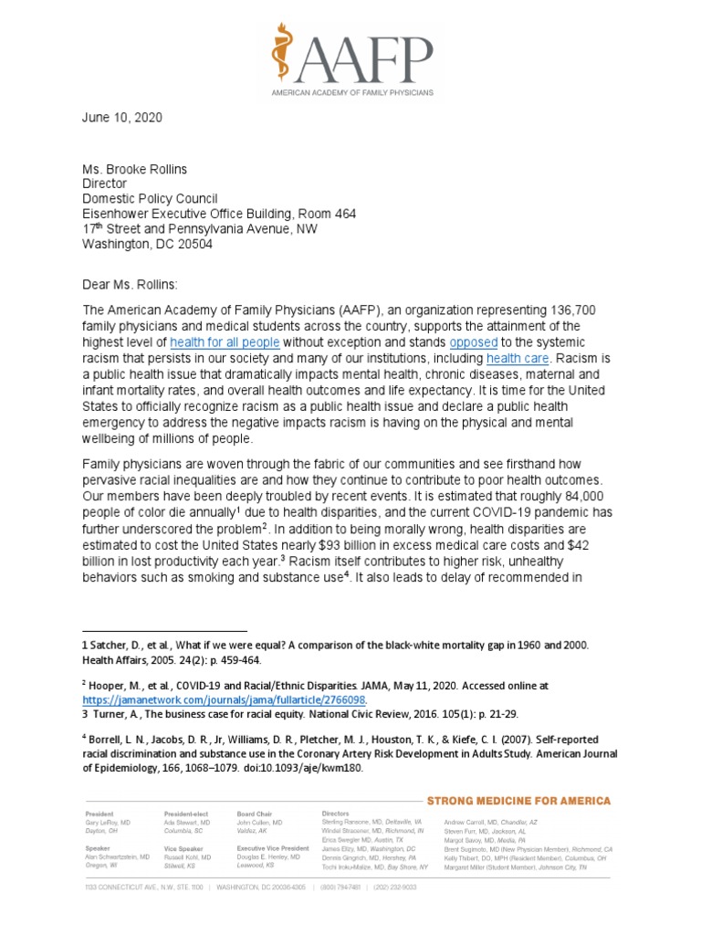 AAFP Letter To Domestic Policy Council 6-10-2020 | PDF | Health Equity ...