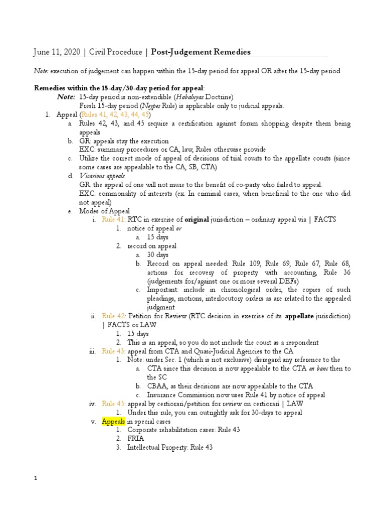 June 11, 2020 - Civil Procedure - Post-Judgement Remedies: Rules 41, 42 ...
